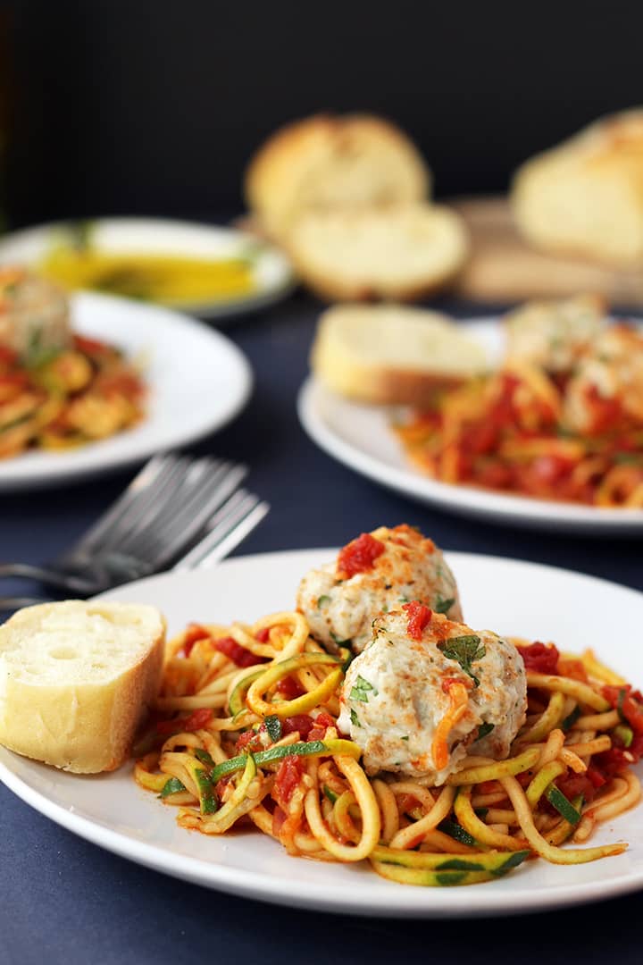 Inspiralized: Fire Roasted Tomato Zucchini Pasta with Turkey Meatballs